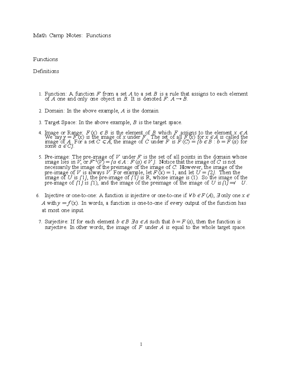 Sets And Functions Lecture Notes 1 Math Camp Notes Functions Functions Definitions Function