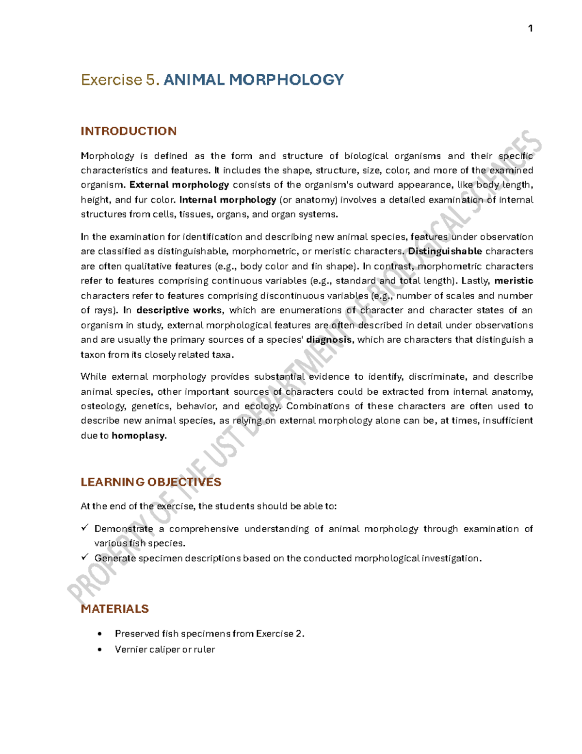 Exercise-5 - Exercise 5 - Animal Morphology - Exercise 5. ANIMAL MORPHOLOGY INTRODUCTION ...