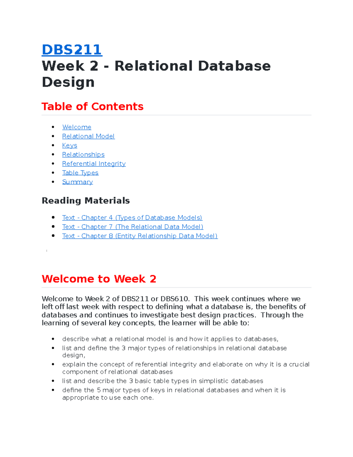 DBS 211 Week 2 Notes - DBS Week 2 - Relational Database Design Table of ...