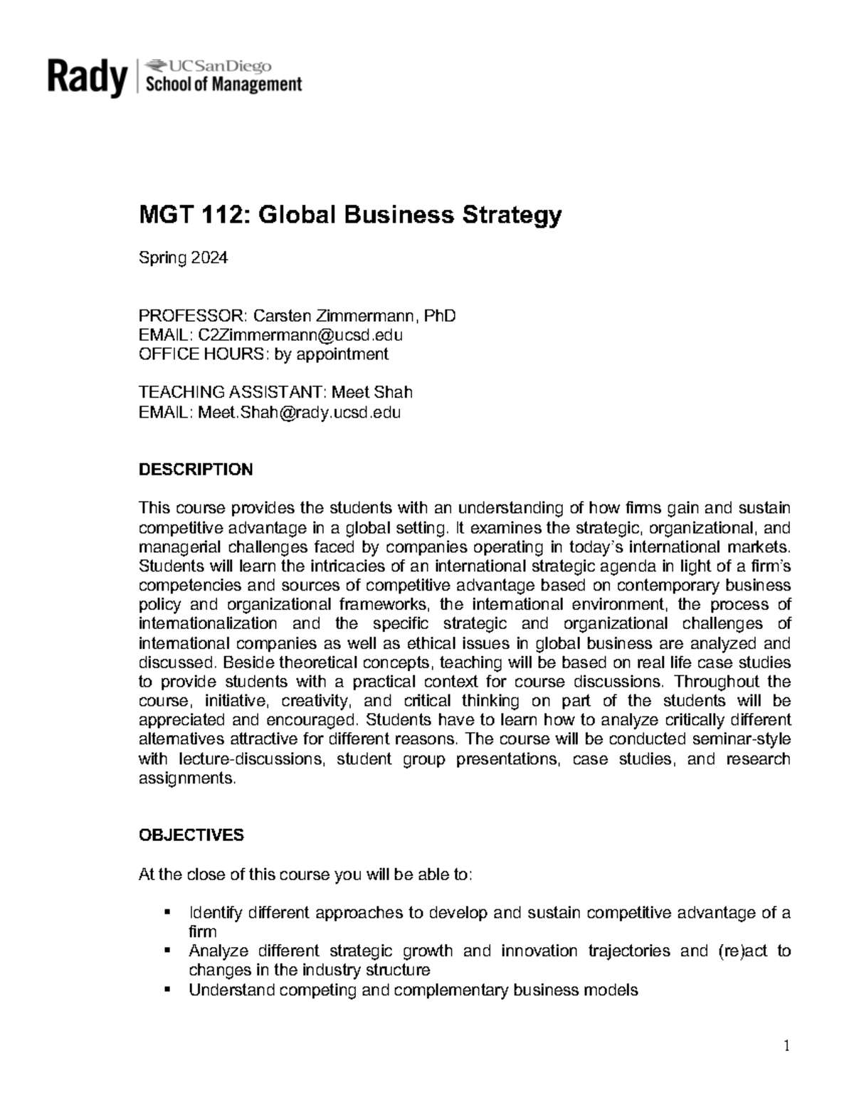 Syllabus MGT 112 Spring 2024 - MGT 112 : Global Business Strategy Spring 2024 PROFESSOR: Carsten ...
