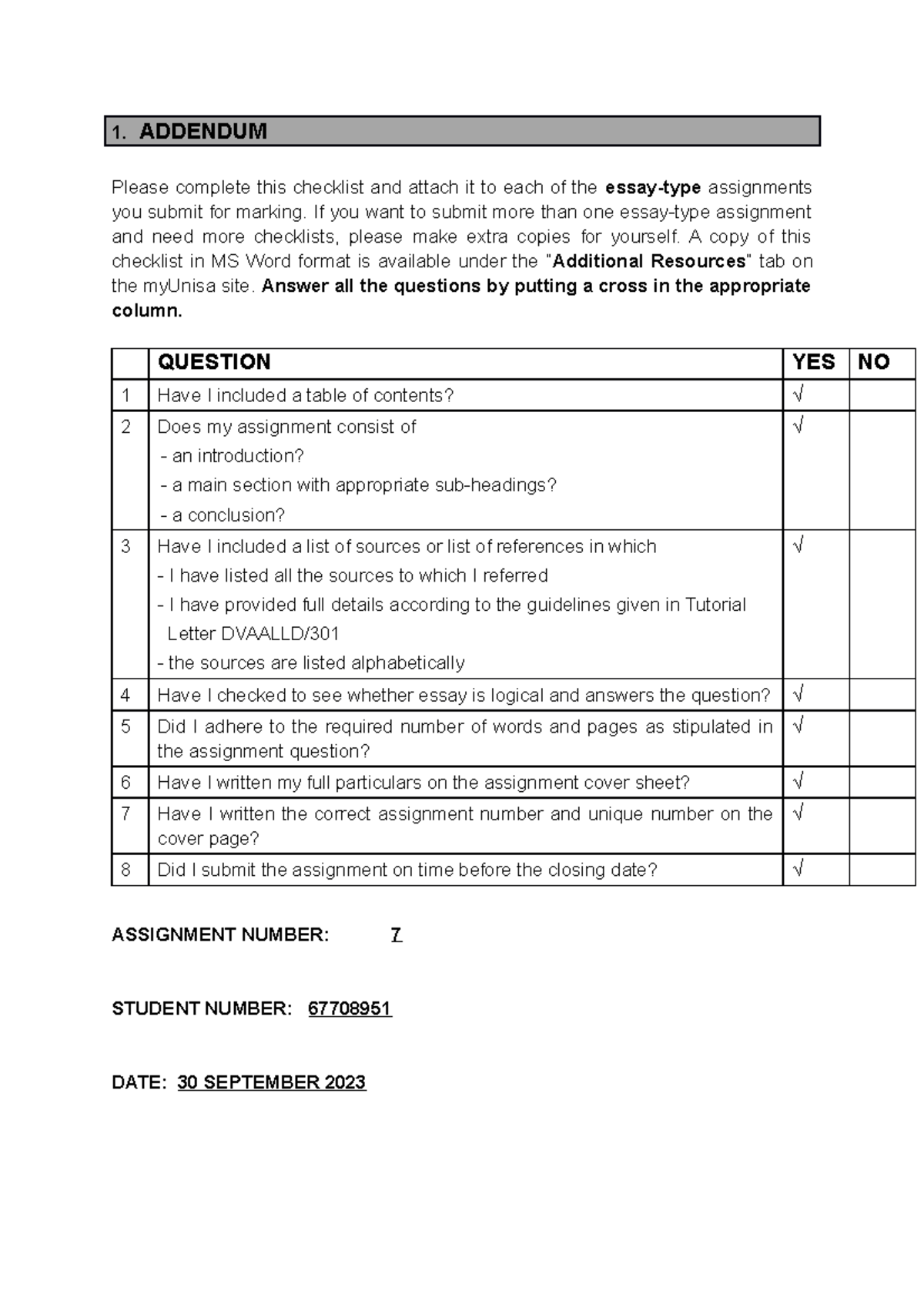 Add ASSIGMET DH - 1. ADDENDUM Please complete this checklist and attach ...