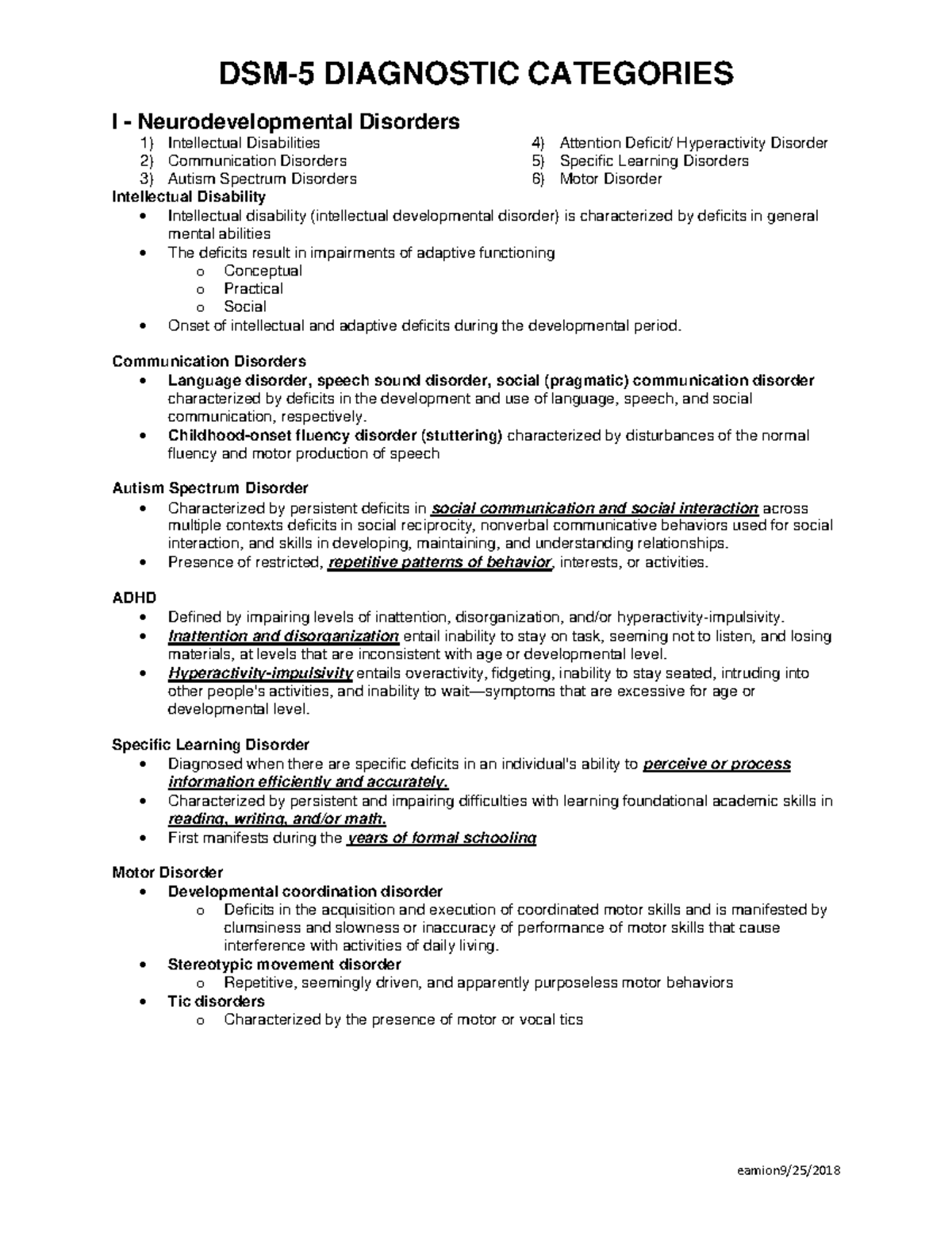 DSM 5 Diagnostic Categories - DSM-5 DIAGNOSTIC CATEGORIES I ...