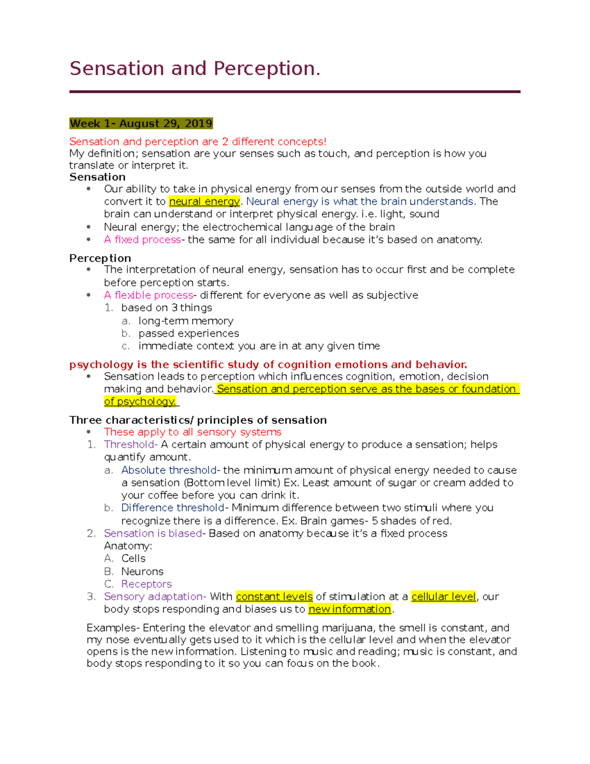 Sensation & Perception Notes - Sensation and Perception. Week 1- August ...