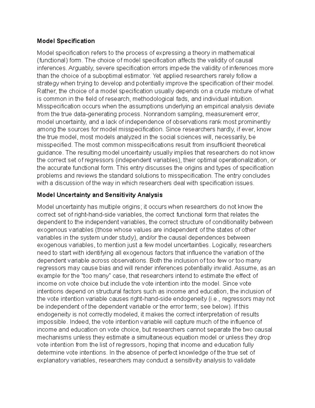 Model Specification - Model Specification Model specification refers to ...