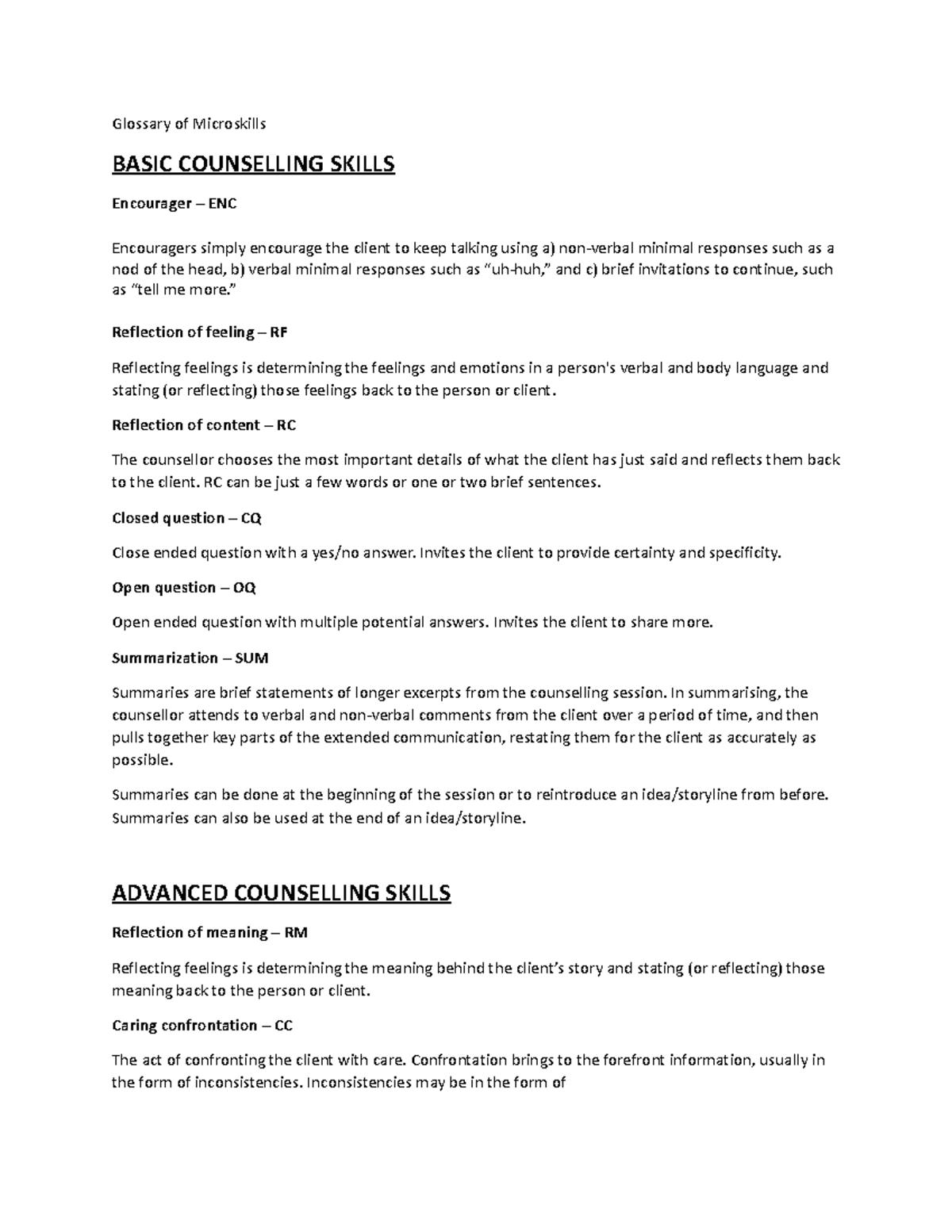 Glossary of Microskills - Glossary of Microskills BASIC COUNSELLING ...