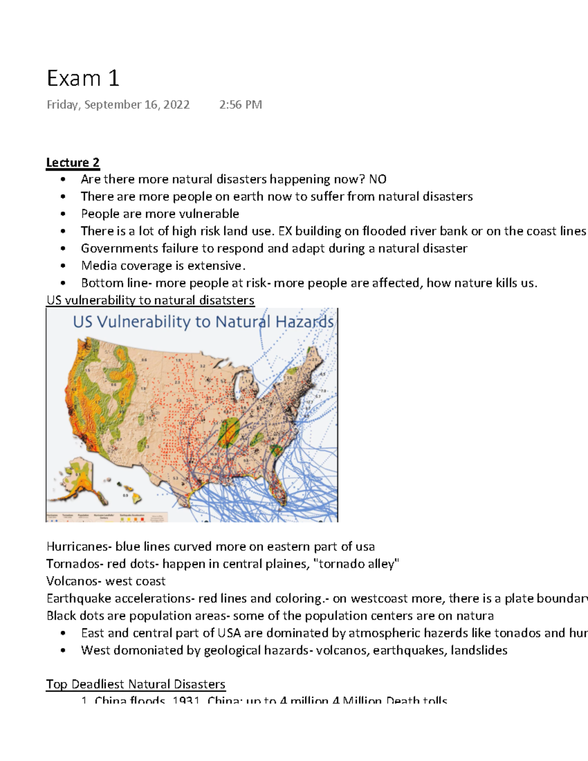 Exam 1 - exam 1 notes - Lecture 2 Are there more natural disasters ...