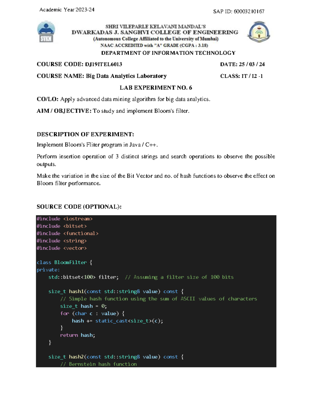 BDA EXP6 60003210167 - DEPARTMENT OF INFORMATION TECHNOLOGY COURSE CODE: DJ19ITEL6013 DATE: 25 / ...