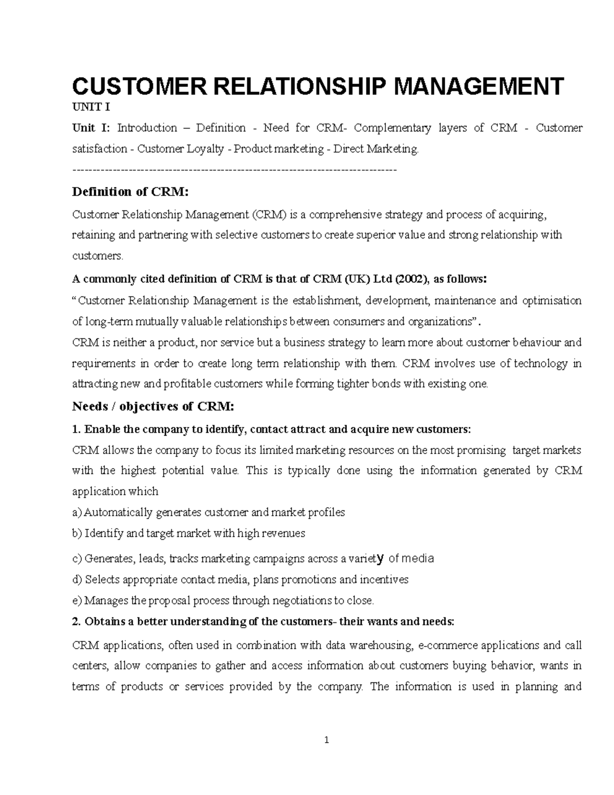 CRM1 - Notes for Customer Relationship Management - CUSTOMER ...