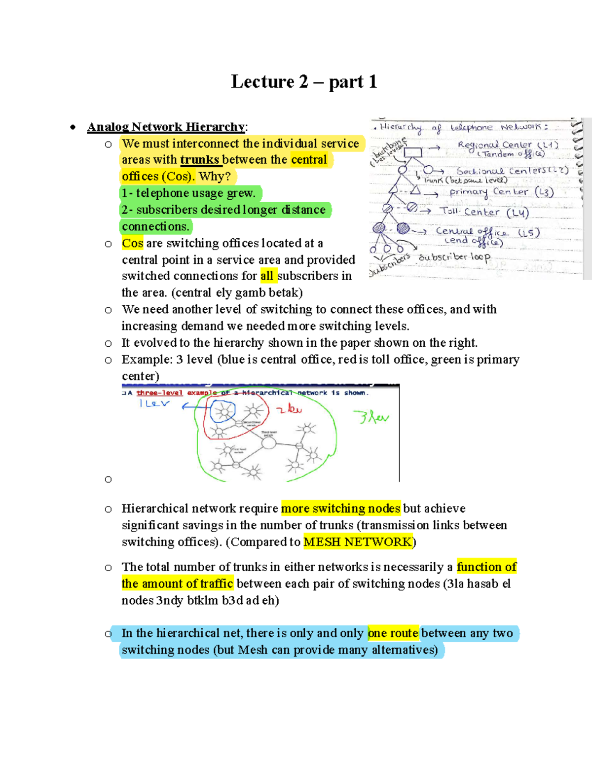 Lecture 2 - part 1 - communication systems - Lecture 2 – part 1 Analog Network Hierarchy: o We ...