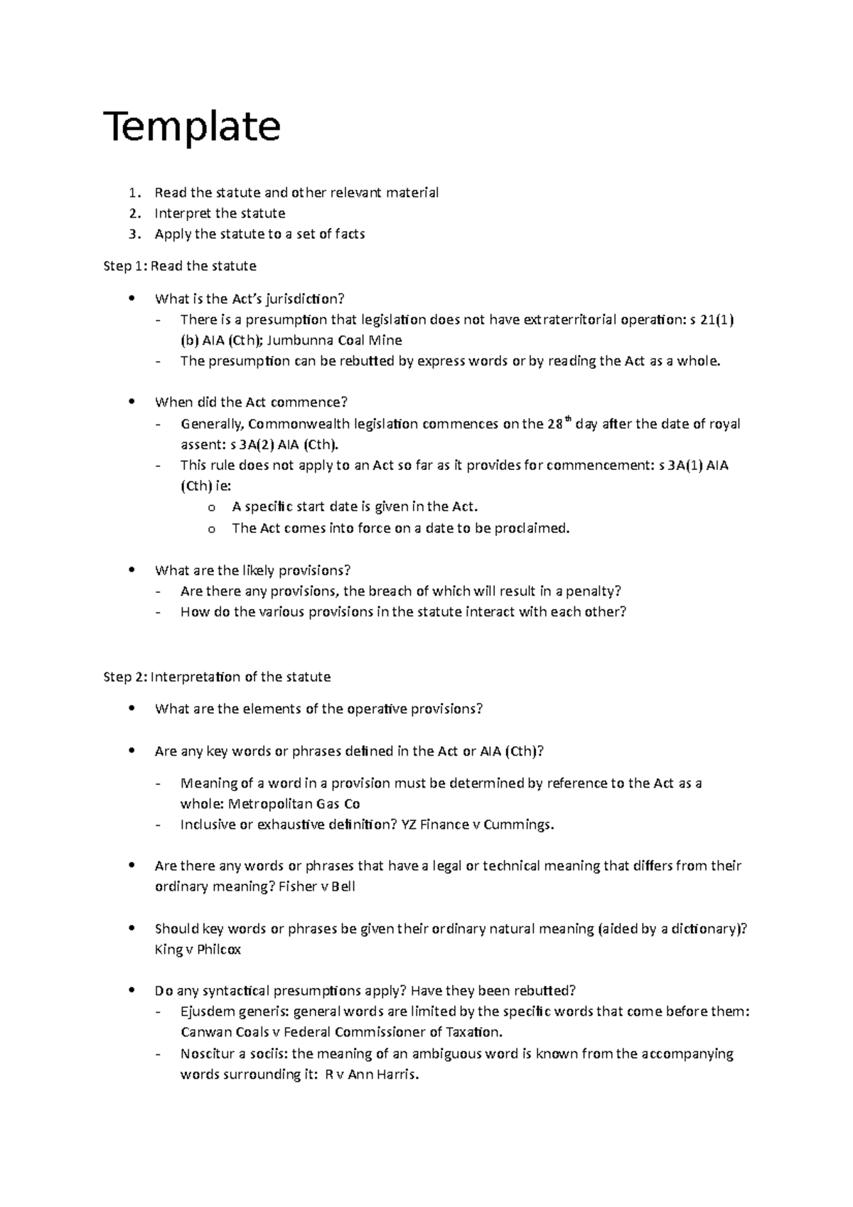Statutory Interpretation Q&A Template - Template Read the statute and ...