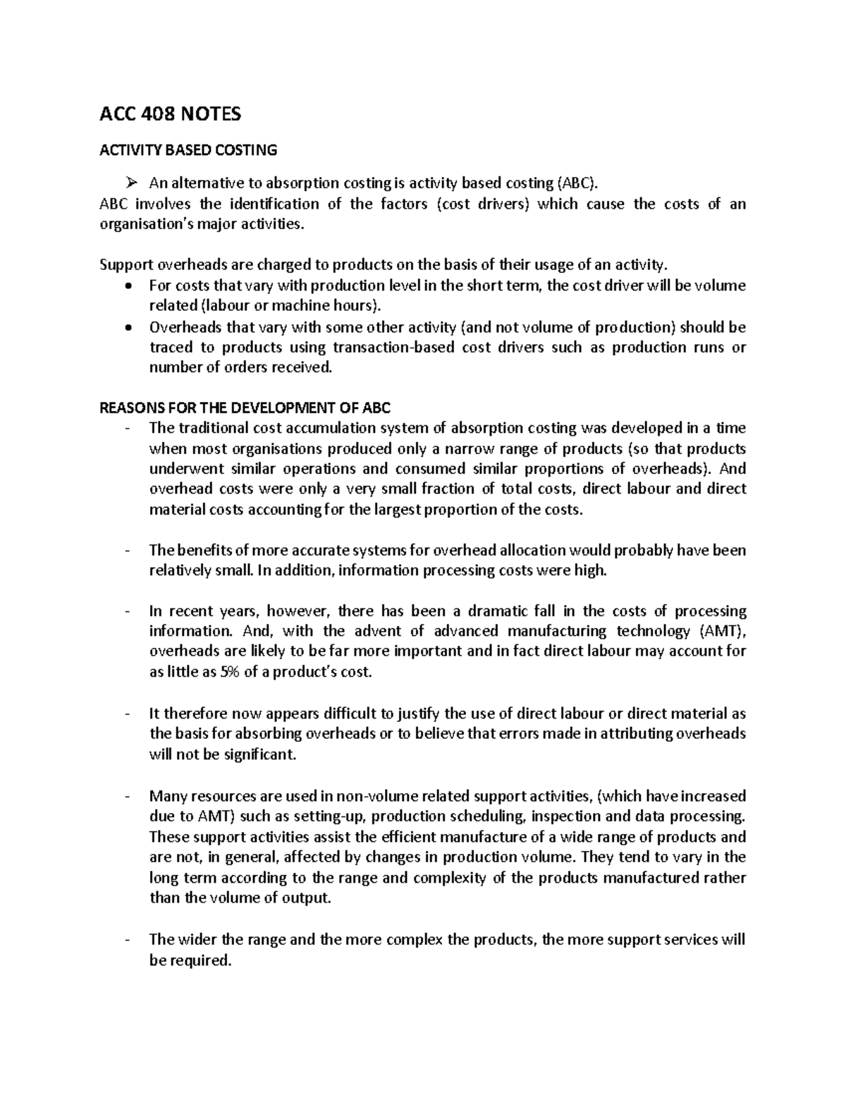 ABC Notes - Costing - ACC 408 NOTES ACTIVITY BASED COSTING An ...