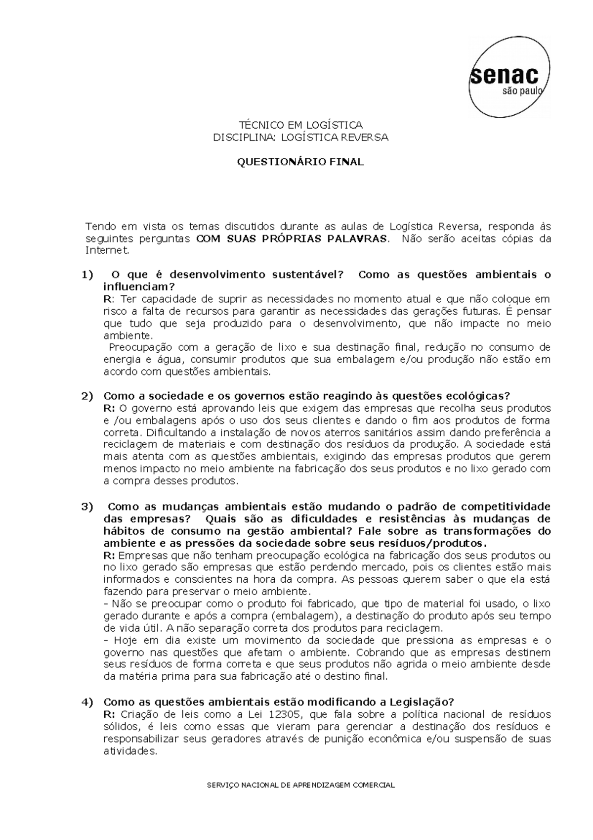 Questioná - Logística reversa - TÉCNICO EM LOGÍSTICA DISCIPLINA ...