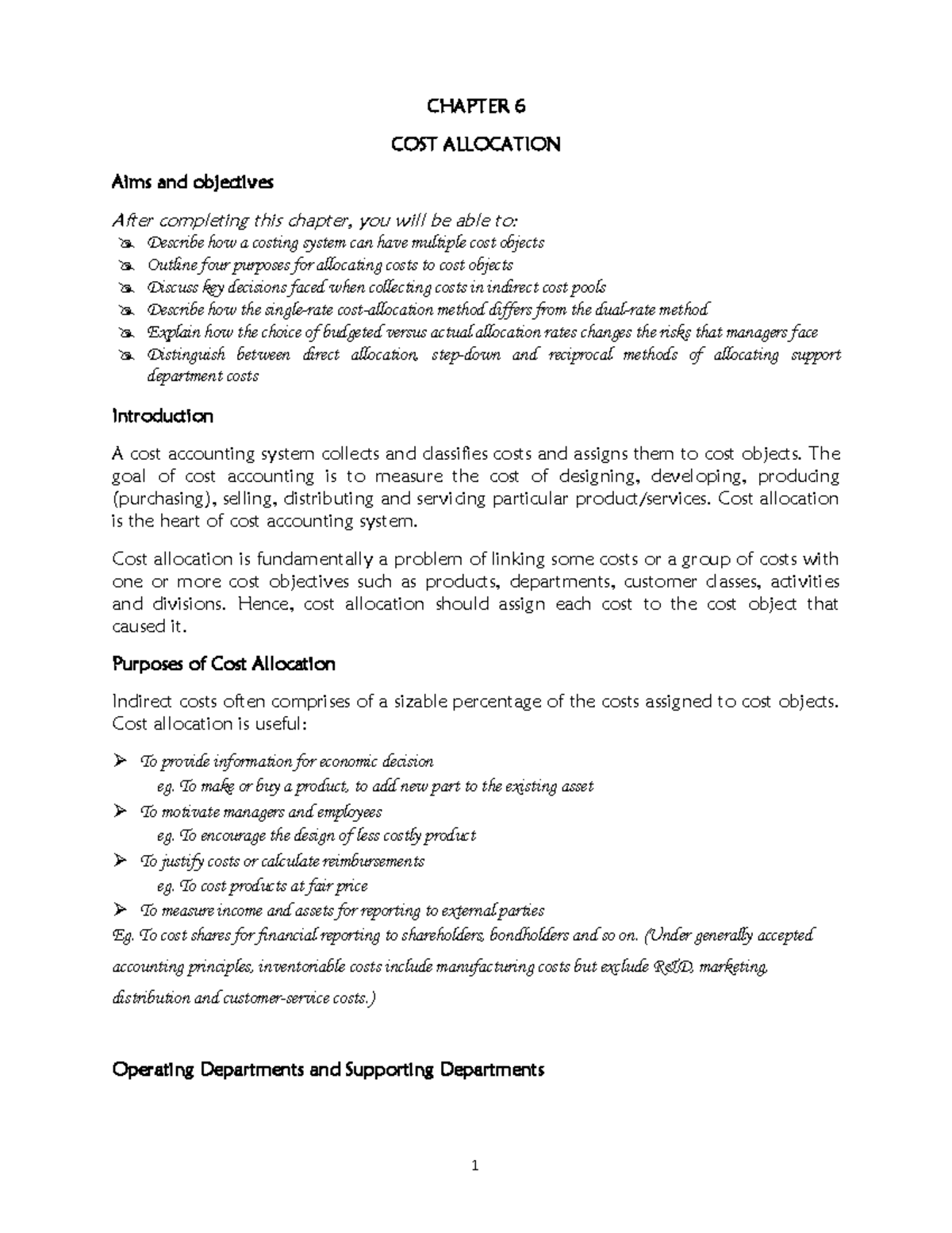 Chapter 4 cost allocation - CHAPTER 6 COST ALLOCATION Aims and objectives After completing this ...