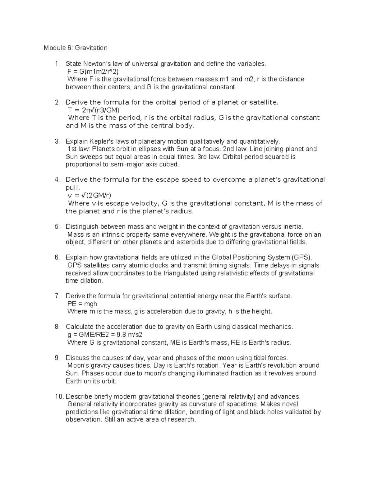 Module 6 Gravitation - Module 6: Gravitation 1. State Newton's law of ...