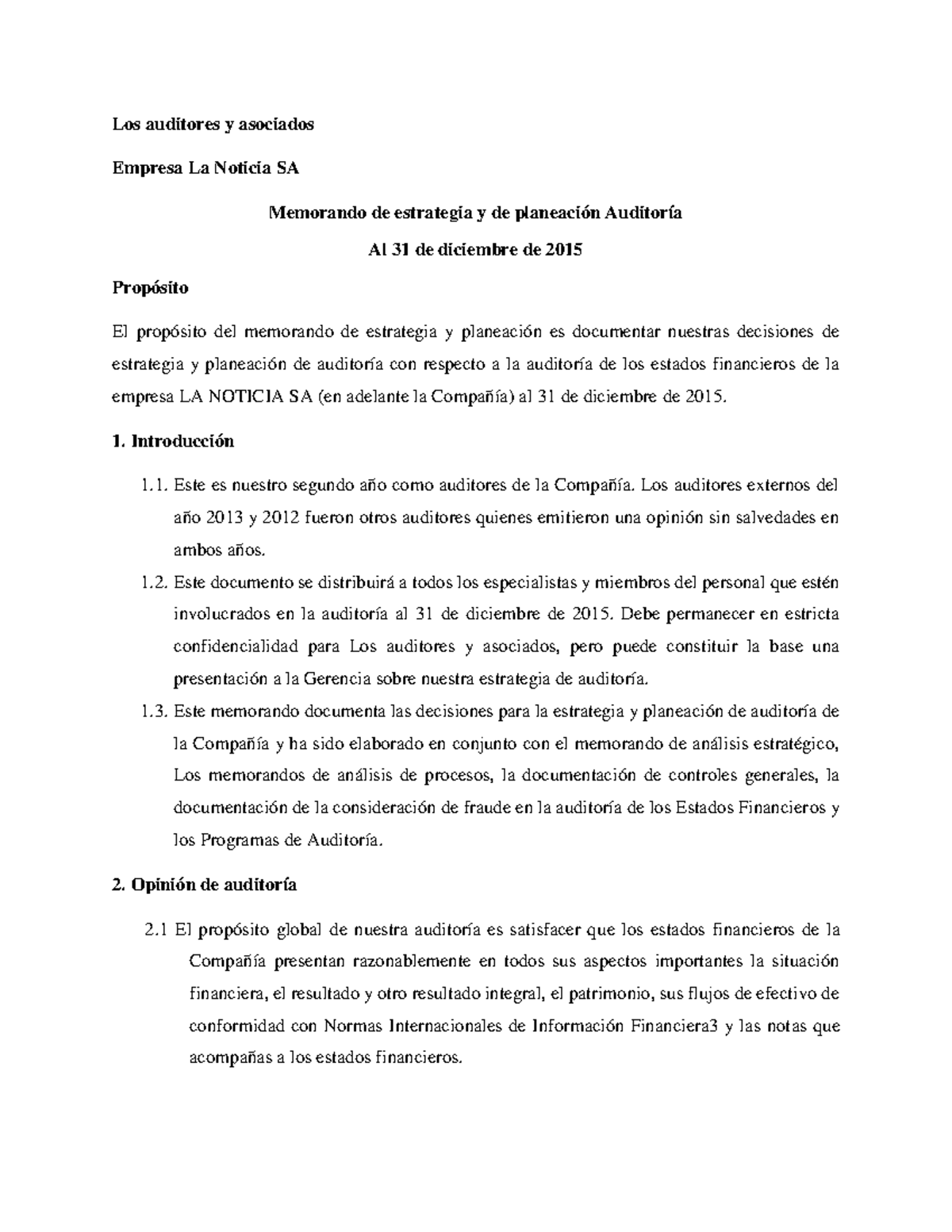 Modelo de memorandum Memorando de estrategia y de planeación Auditoría ...