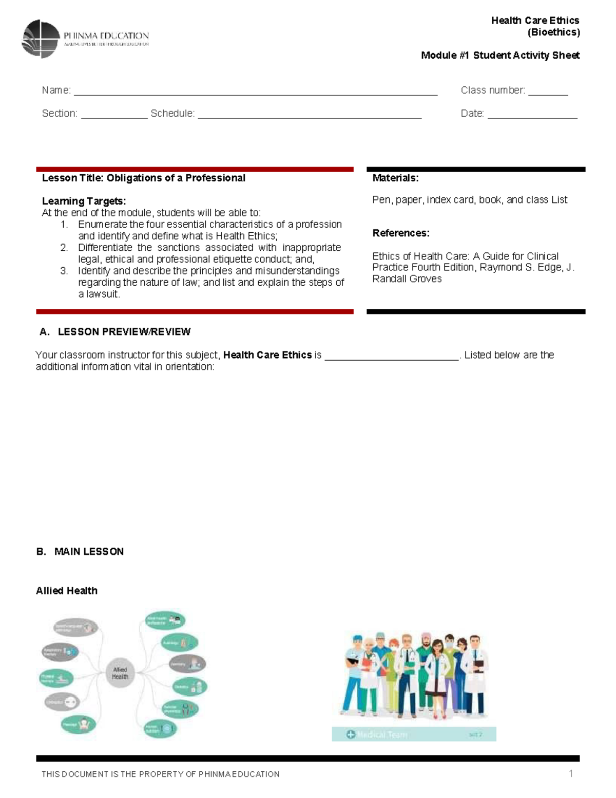 Bioethics Session 1 SAS - (Bioethics) Module #1 Student Activity Sheet ...