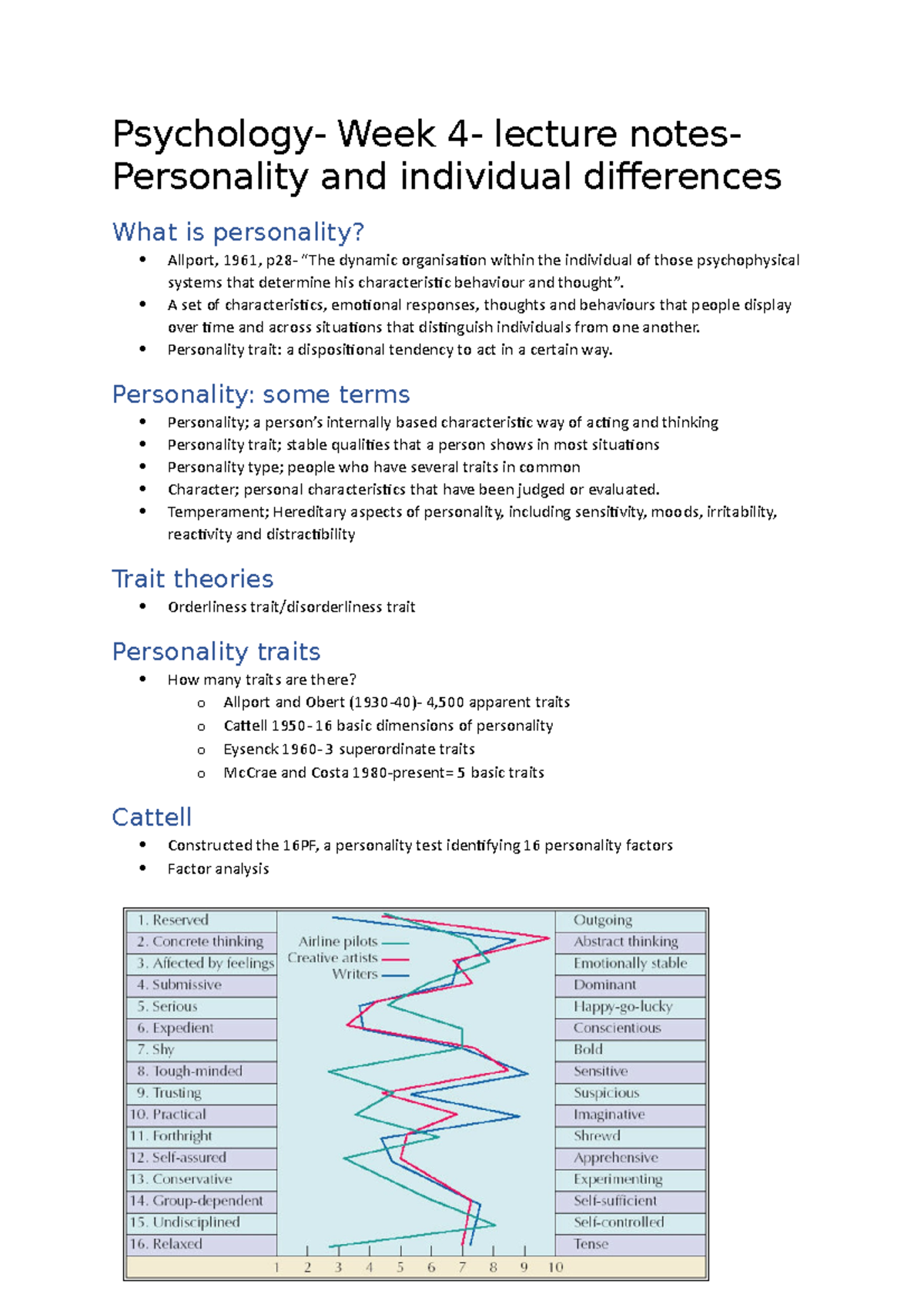 intro to Psychology I- Week 4- lecture notes- Personality and ...