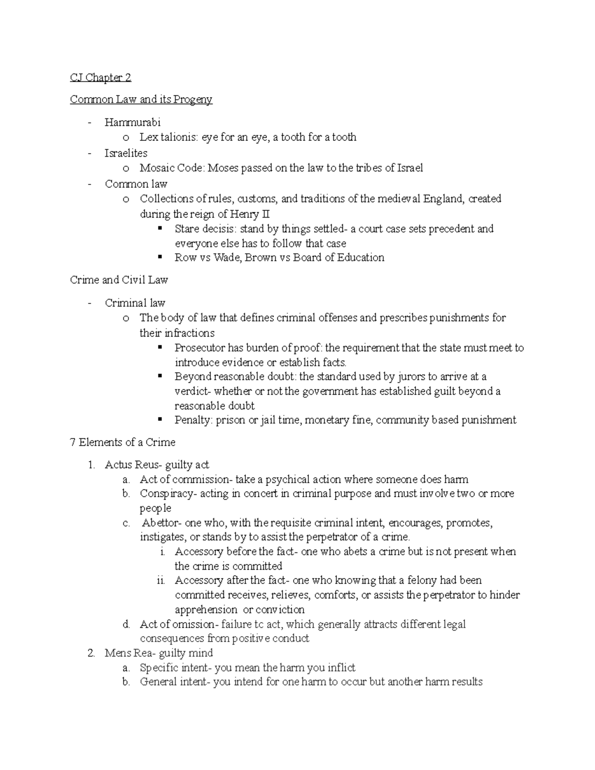 Intro to CJ Notes - CJ Chapter 2 Common Law and its Progeny Hammurabi o ...