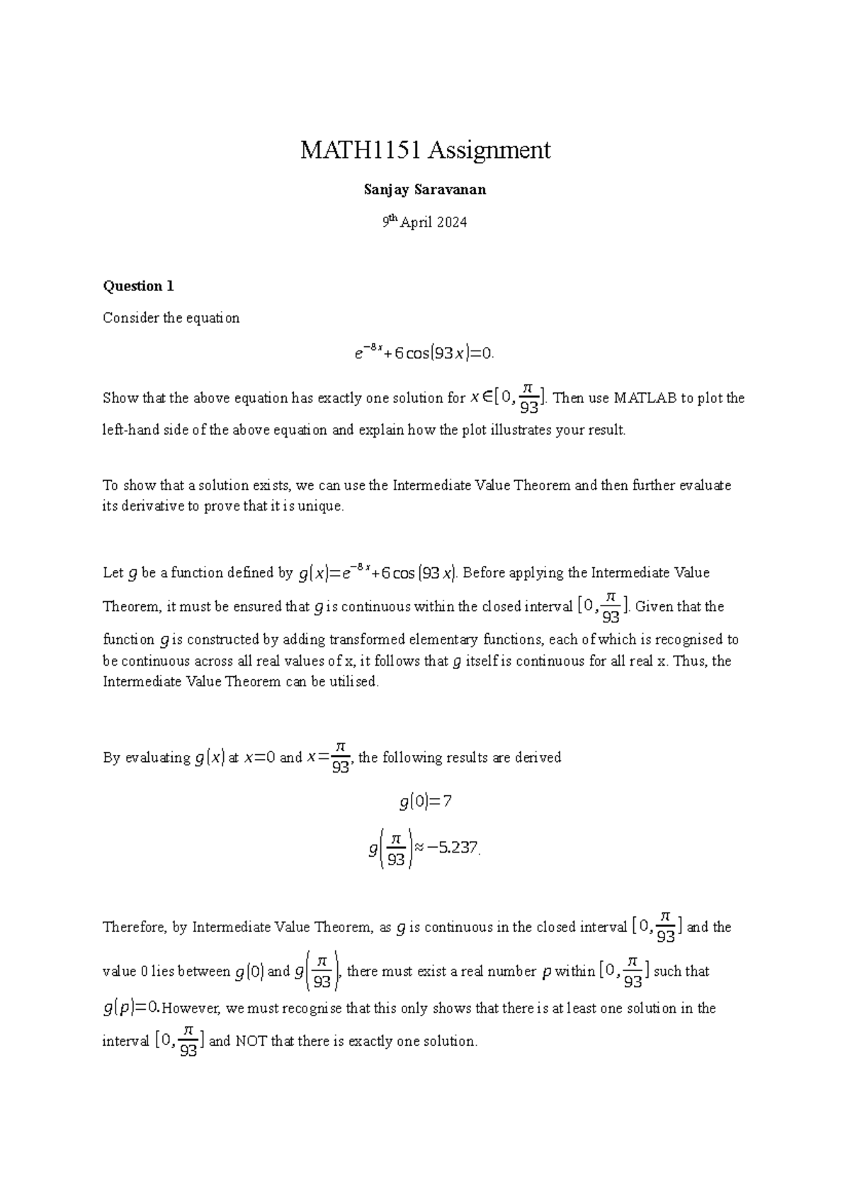 MATH1151 Assignment - Full marks Sanjay Saravanan 2024 - ####### MATH1151 Assignment Sanjay ...