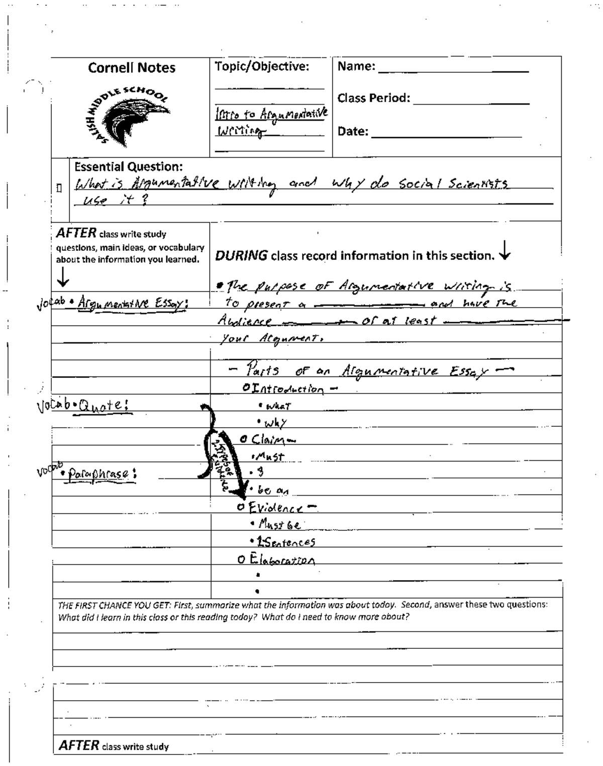 Intro to argumentative writing guided notes - Studocu