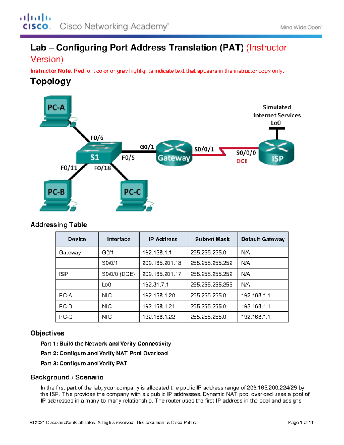 9.2.3.7 Lab - Configuring Port Address Translation (PAT) - ILM - Lab – Configuring Port Address ...