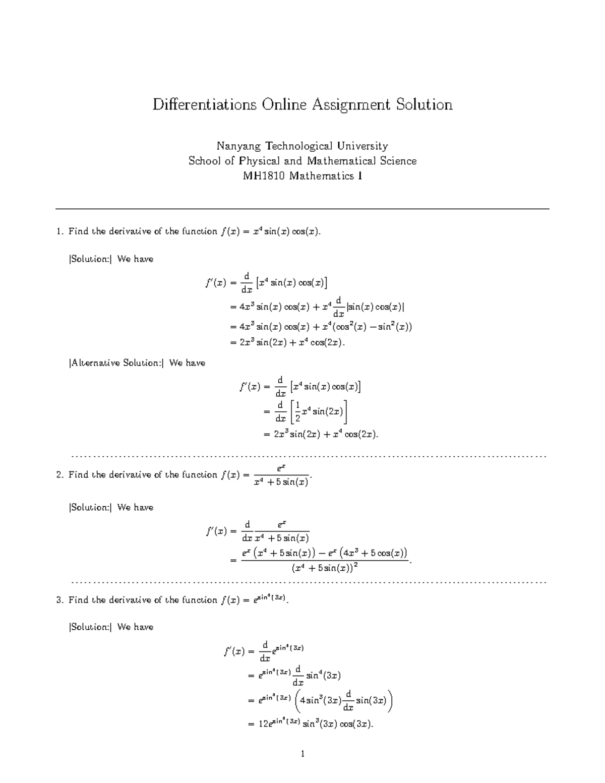 20S1 Differentiation Assignment - Differentiations Online Assignment Solution Nanyang ...