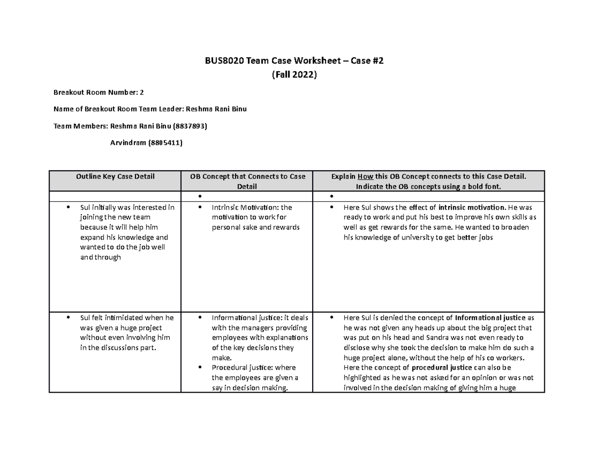 Team Mini Case Worksheet 2 - BUS8020 Team Case Worksheet – Case (Fall ...