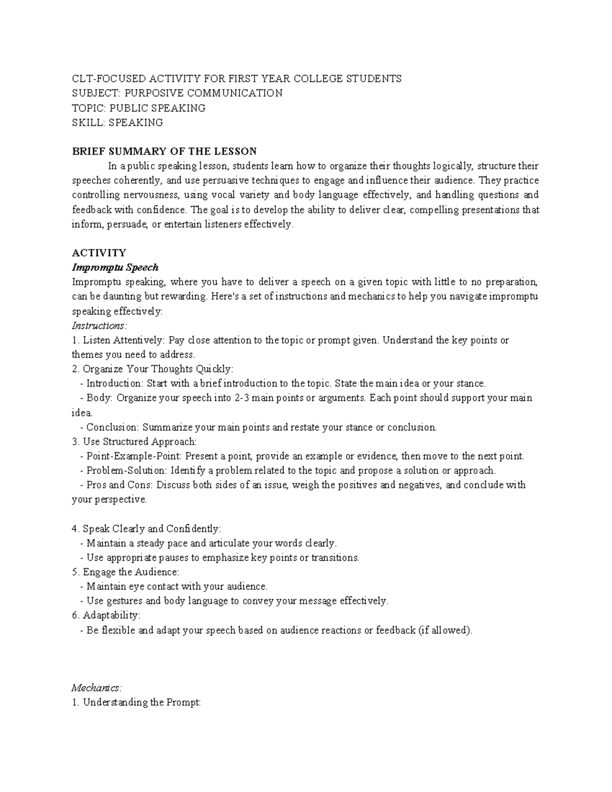 CLT- Speaking - This is a semi-detailed lesson plan. - CLT-FOCUSED ...