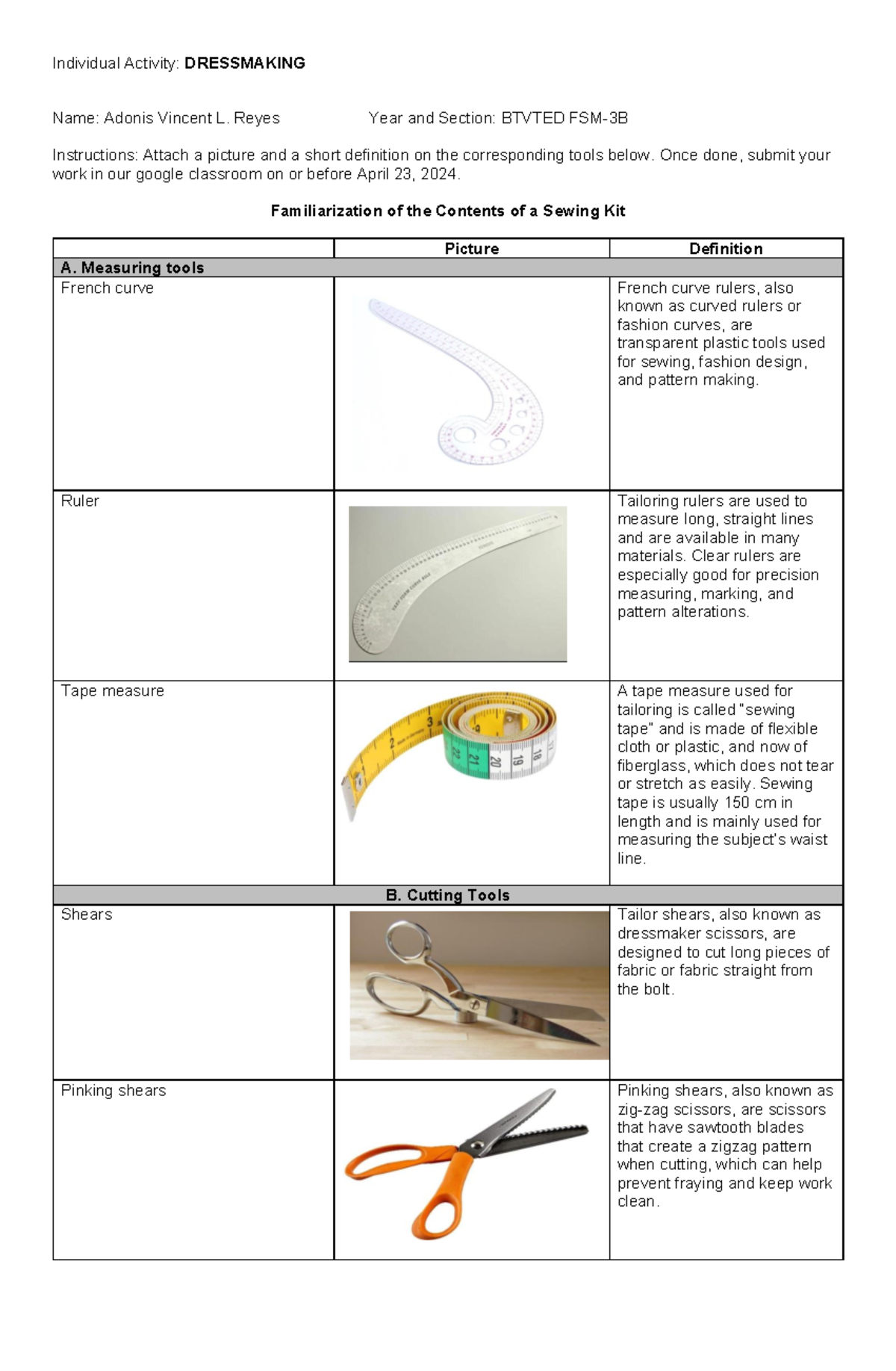 Home Economics Individual Activity Dressmaking - Individual Activity ...