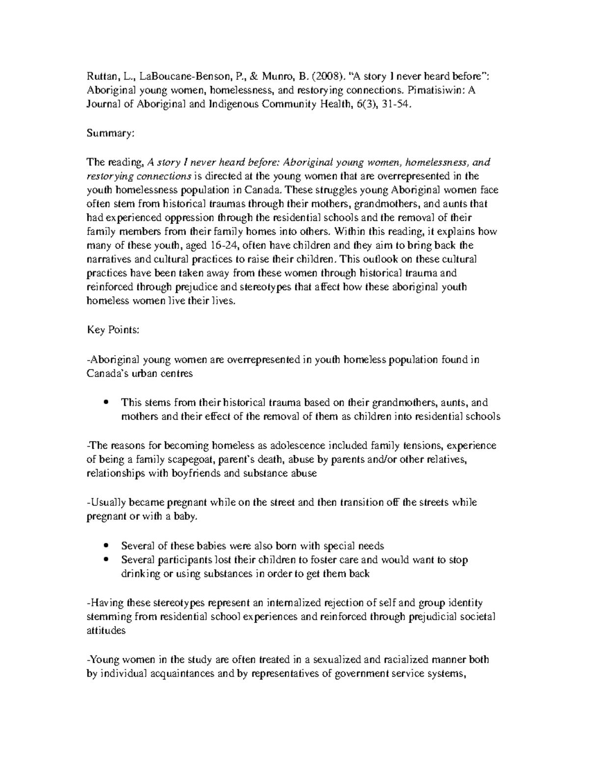 Aboriginal youth homelessness and rural homelessness notes - Ruttan, L ...