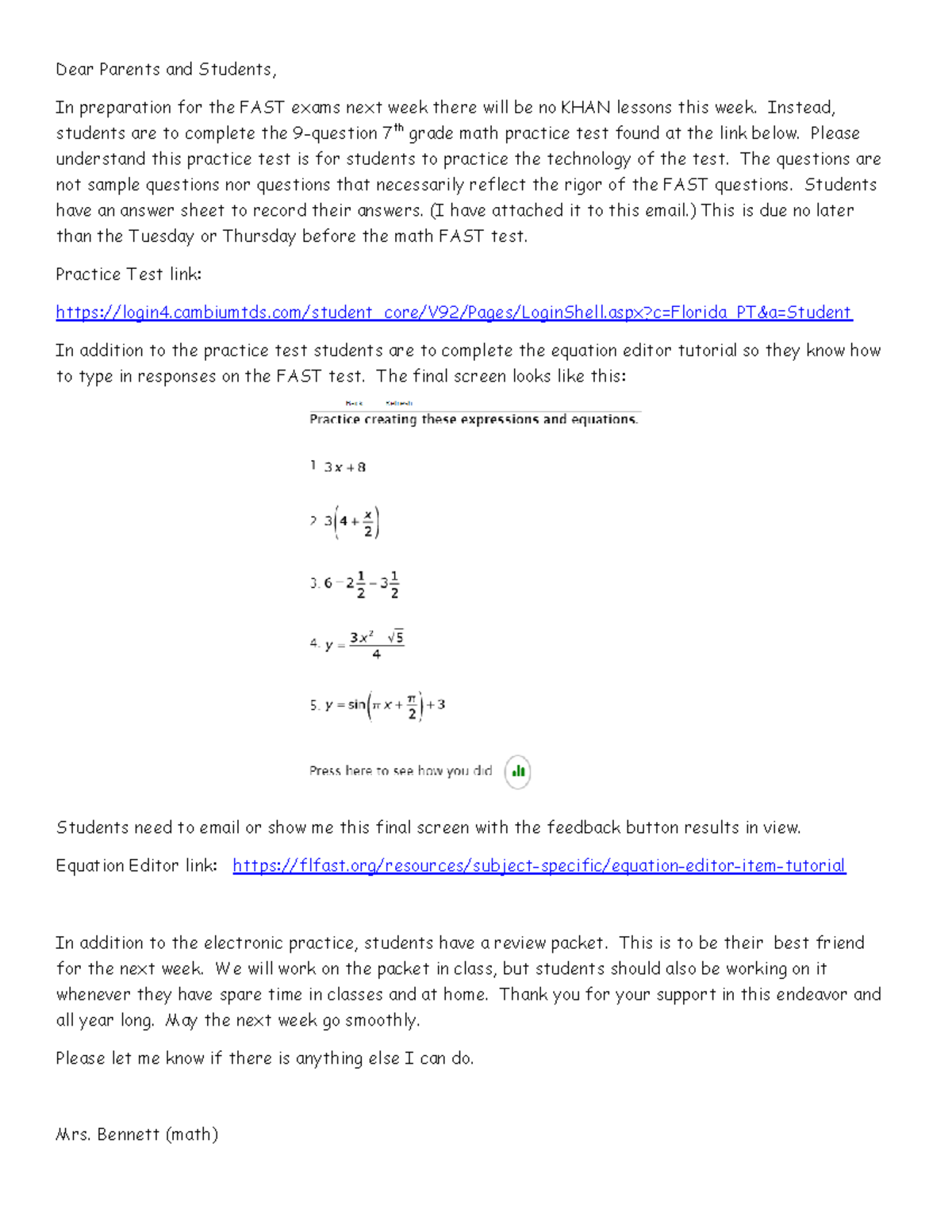 FAST practice links - its good - Dear Parents and Students, In ...