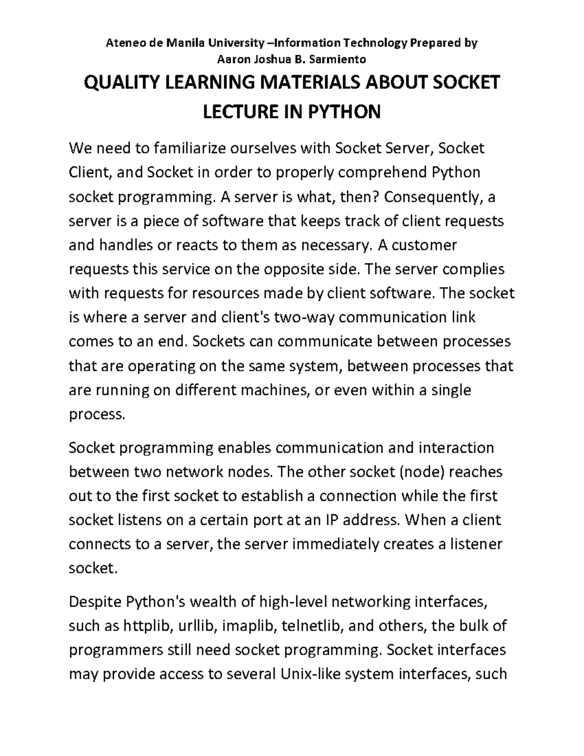 Quality Learning Materials About Socket Lecture in Python - QUALITY ...