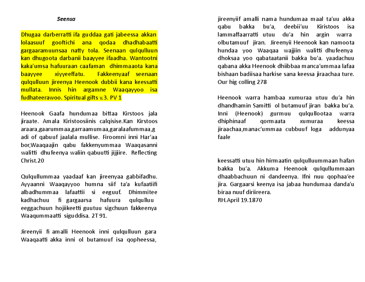 Kitabaa Heenok-1 - Bible based - Seensa Dhugaa darberratti ifa guddaa ...