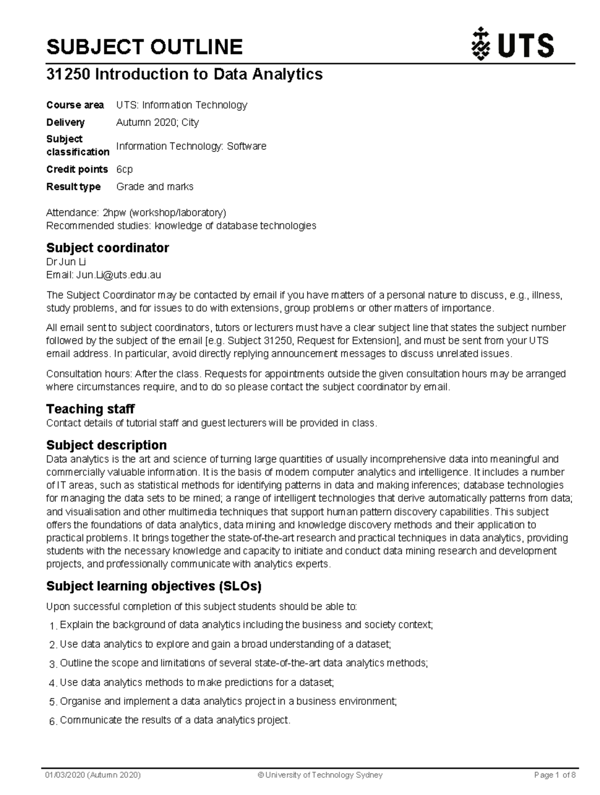 Sub outline - SUBJECT OUTLINE 31250 Introduction to Data Analytics ...