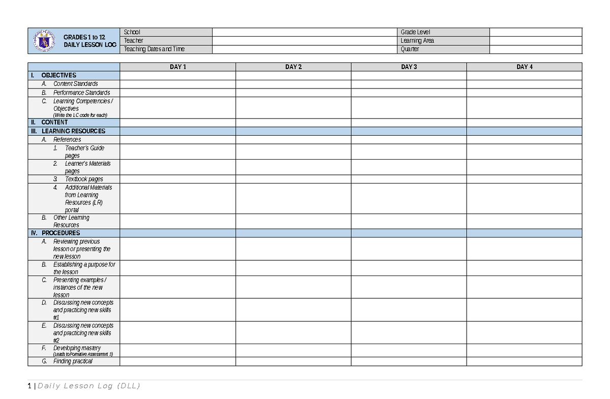 Daily Lesson LOG template DAY 1 4 - GRADES 1 to 12 DAILY LESSON LOG ...