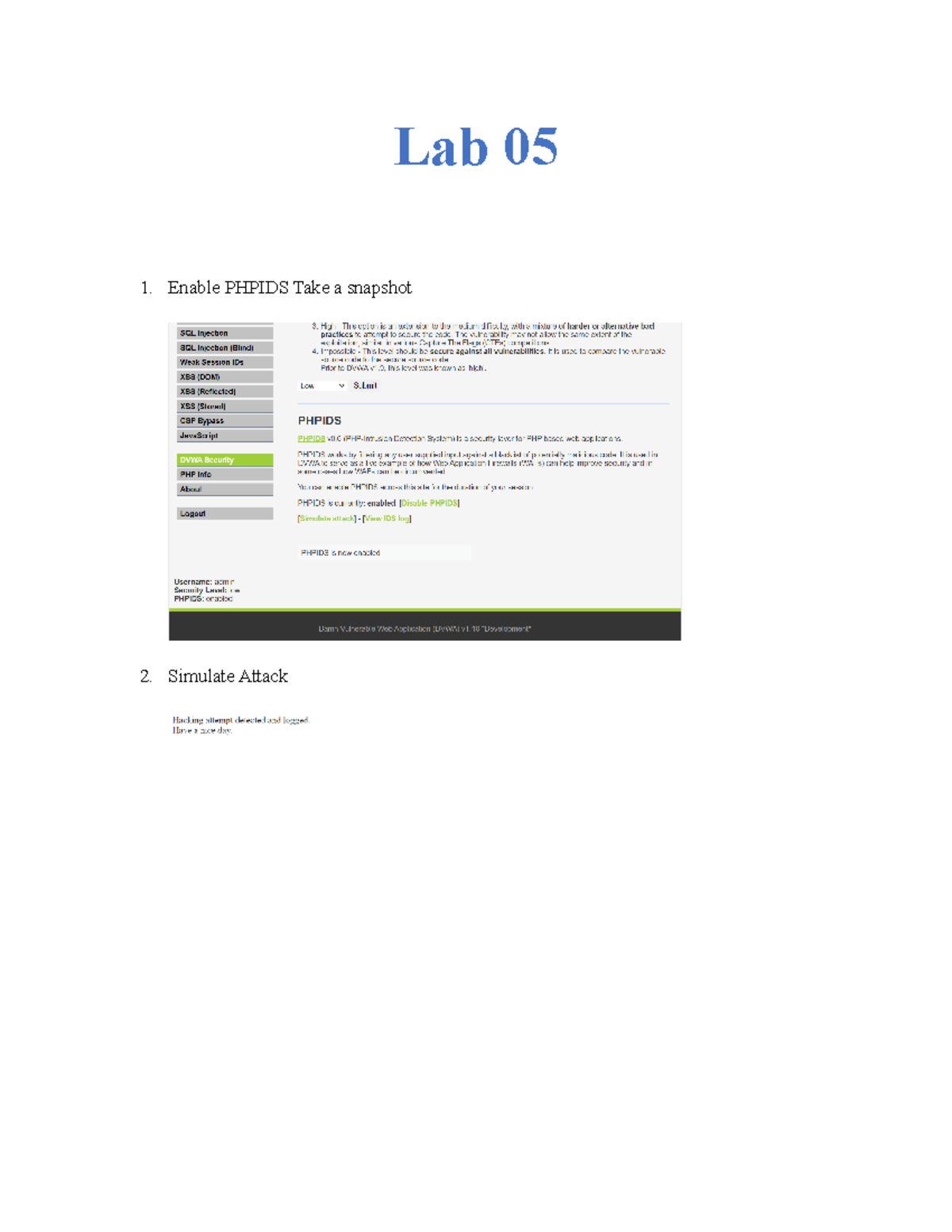 301120985 Lab5 - Assignment - Lab 05 Enable PHPIDS Take a snapshot ...