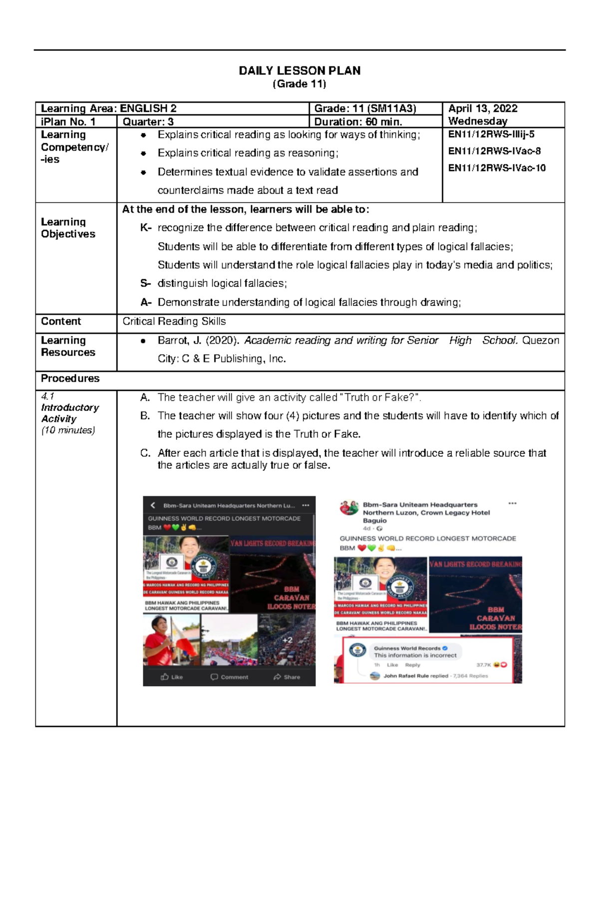 Critical Reading Skills -Logical Fallacies - DAILY LESSON PLAN (Grade ...