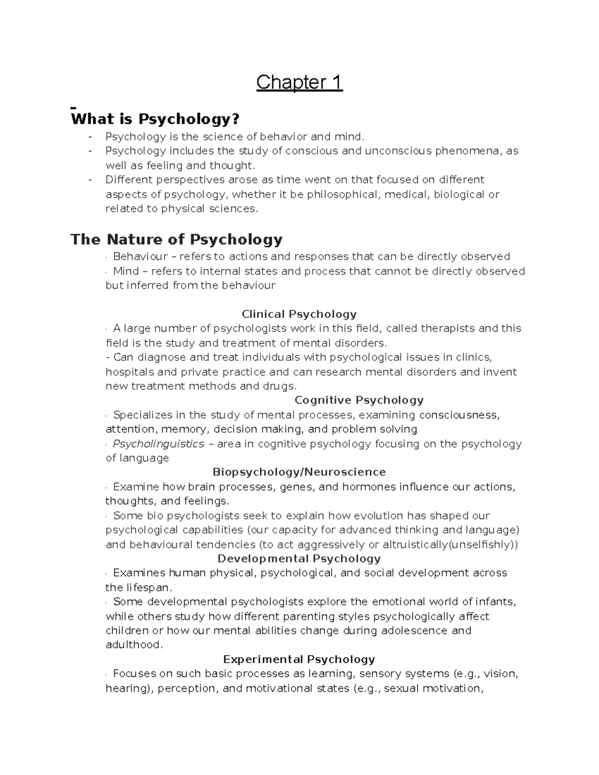 Psych Chapter 1 Notes - Chapter 1 What is Psychology? Psychology is the ...