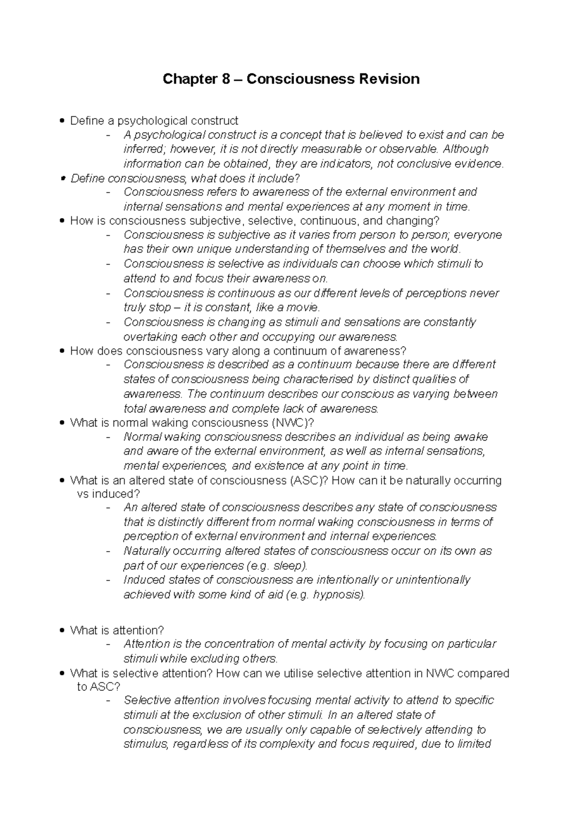 Psychology Revision - Consciousness - Chapter 8 – Consciousness ...