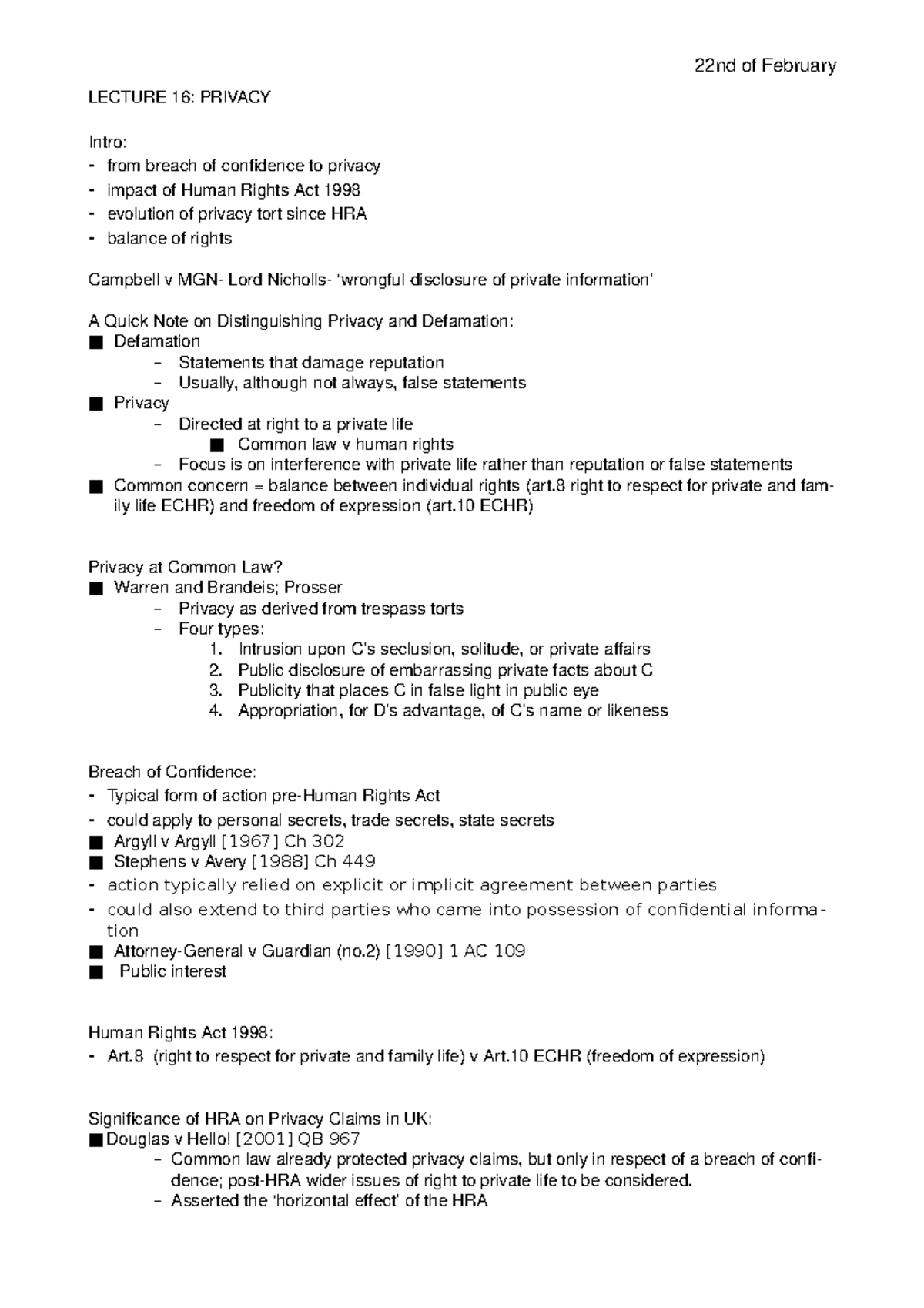 Tort Law Lecture 16 - Privacy- definition, explanation - 22nd of ...
