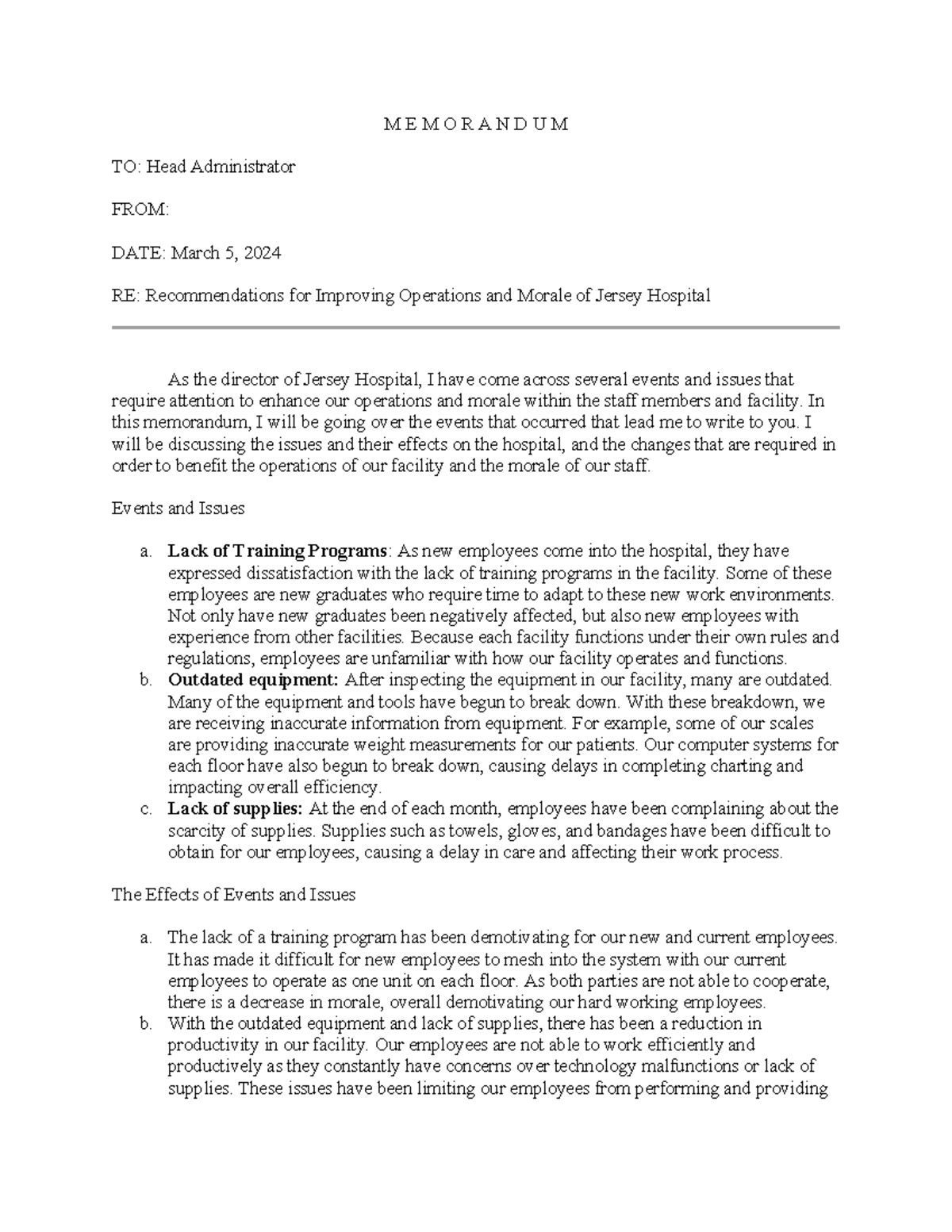 Memorandum for Business - M E M O R A N D U M TO: Head Administrator ...