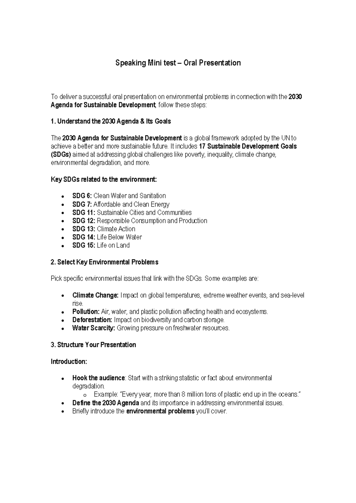 English «script» agenda 2030 - Speaking Mini test – Oral Presentation ...