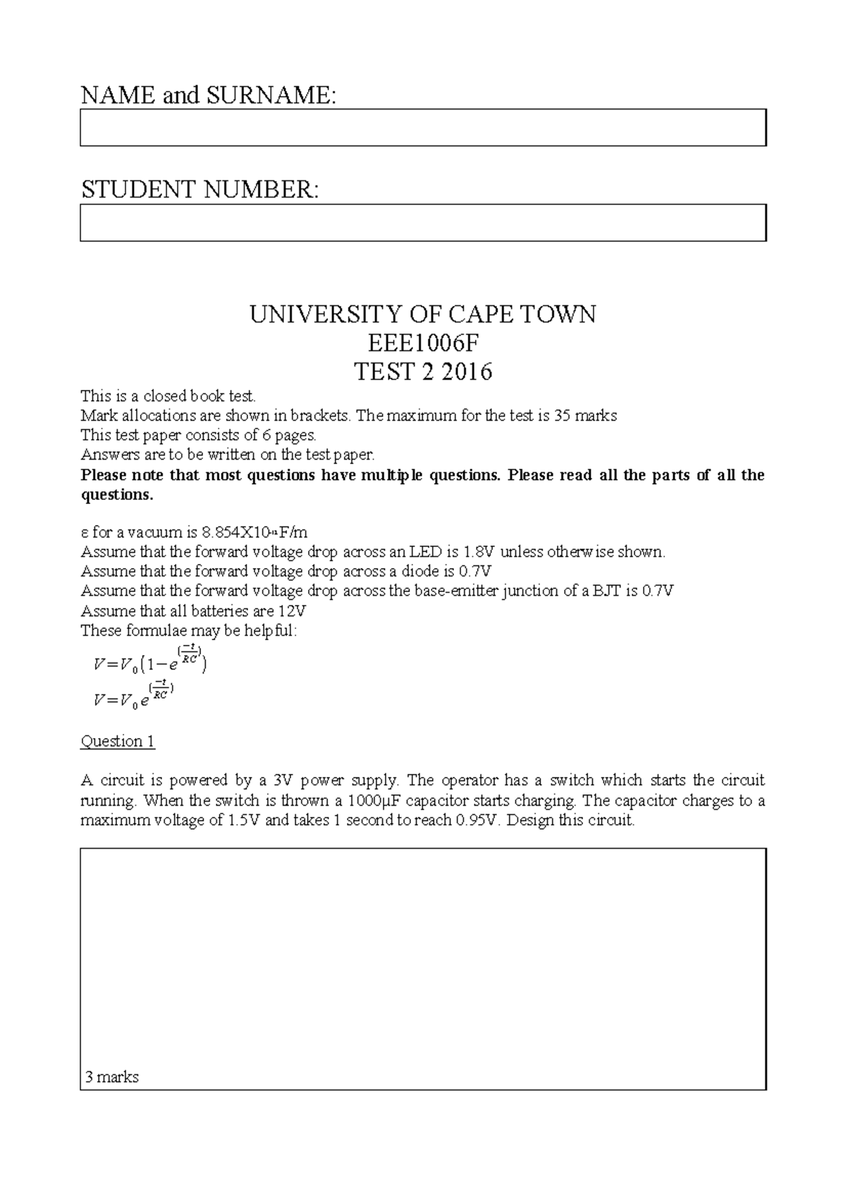 EEE1006F+Test2+2016 - TEST - NAME and SURNAME: STUDENT NUMBER ...