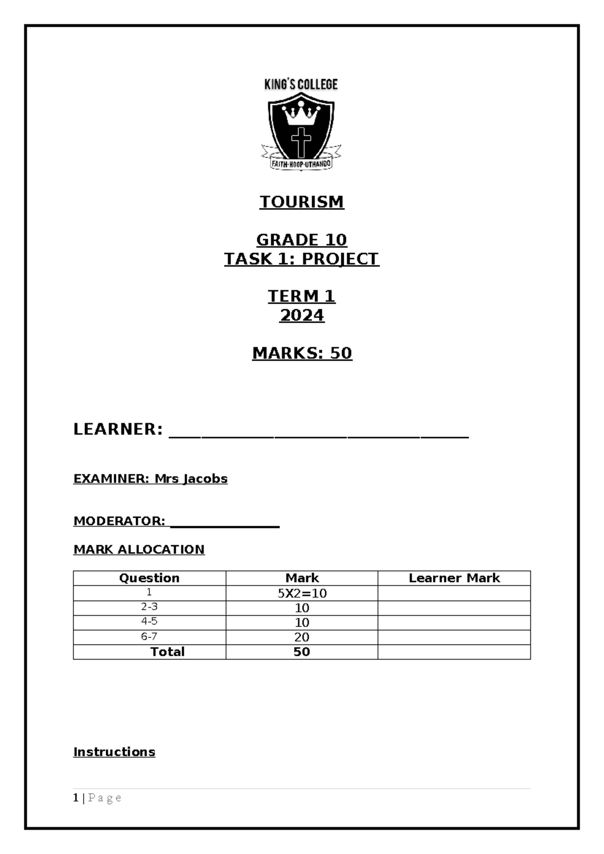 Task 1 project - Formal Assessment task term 1 - TOURISM GRADE 10 TASK ...
