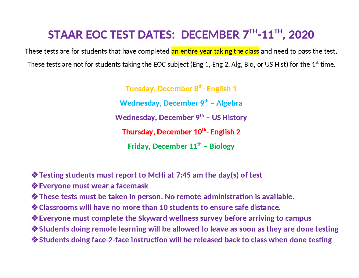 Staar EOC TEST Dates.2 2 - STAAR EOC TEST DATES: DECEMBER 7 TH - TH ...