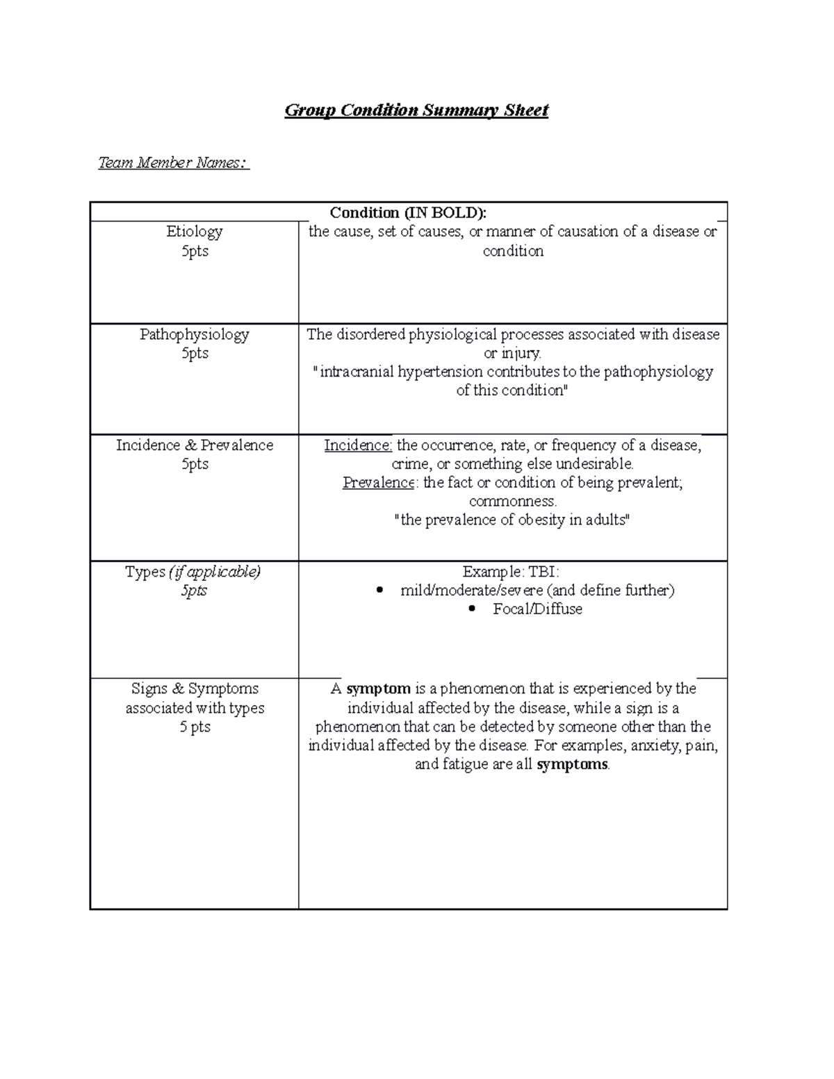 Group Condition Summary Template - Group Condition Summary Sheet Team ...
