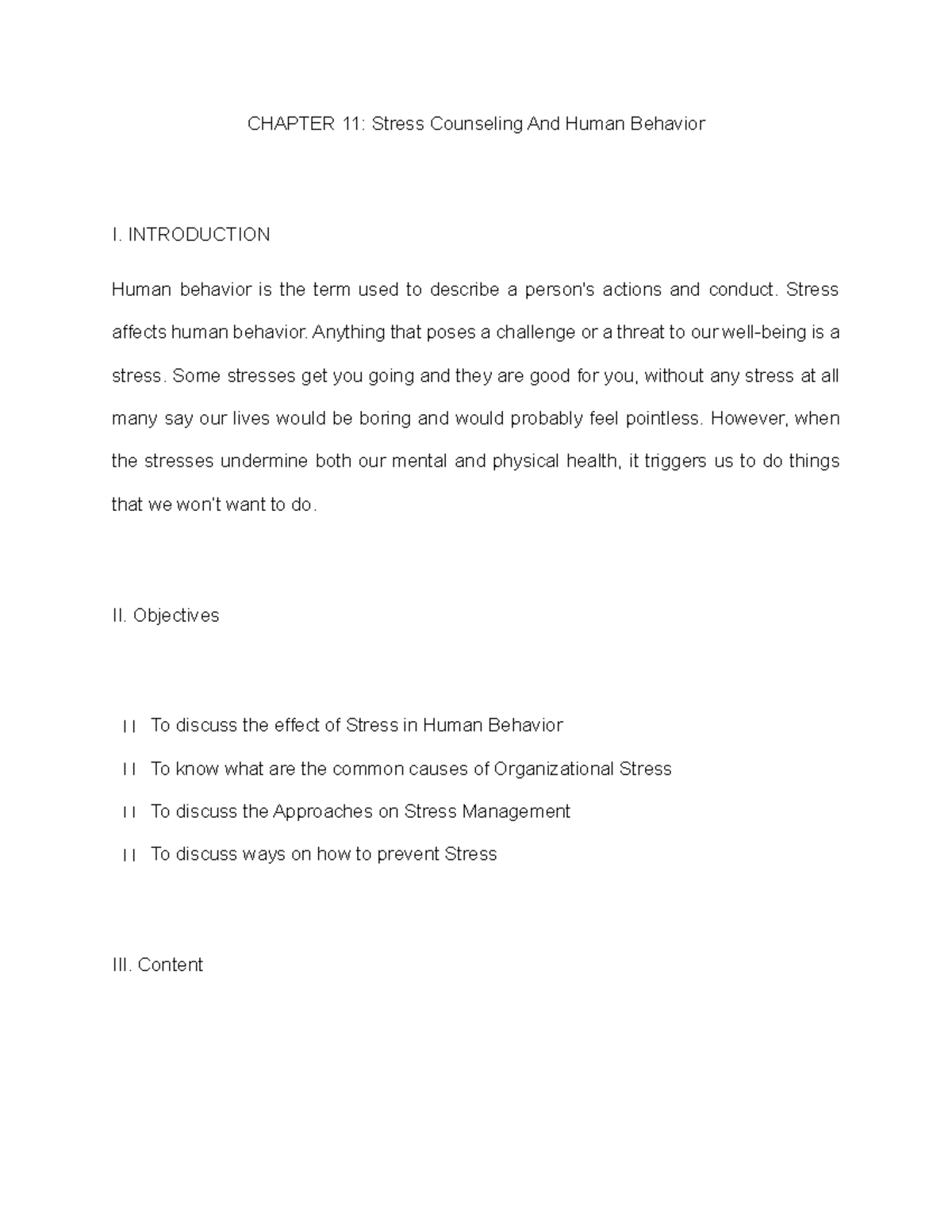 Chapter 11 Human in Organizational Behavior - CHAPTER 11: Stress ...