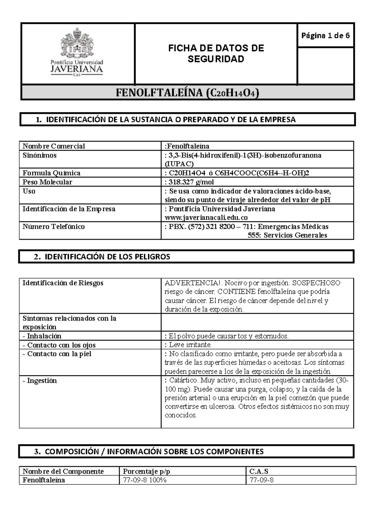 C20H14O4 - ninguna - FICHA DE DATOS DE SEGURIDAD FENOLFTALEÍNA (C 20 H ...