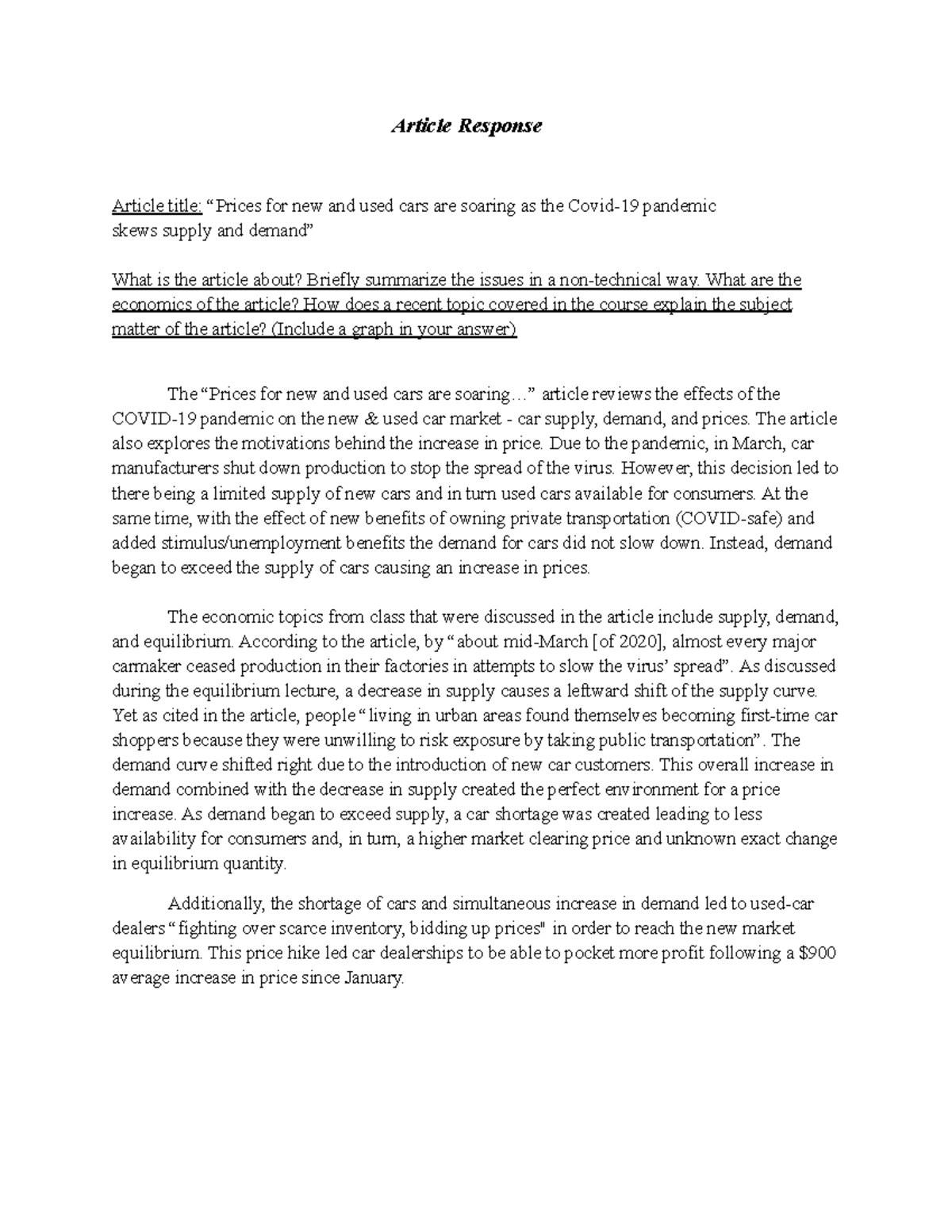 Article Response - Article Response Article title: “Prices for new and ...