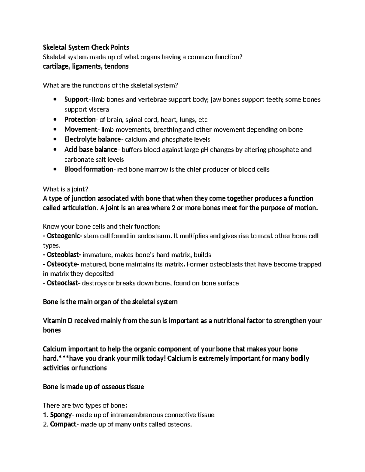 Skeletal System Check Points - Skeletal System Check Points Skeletal ...